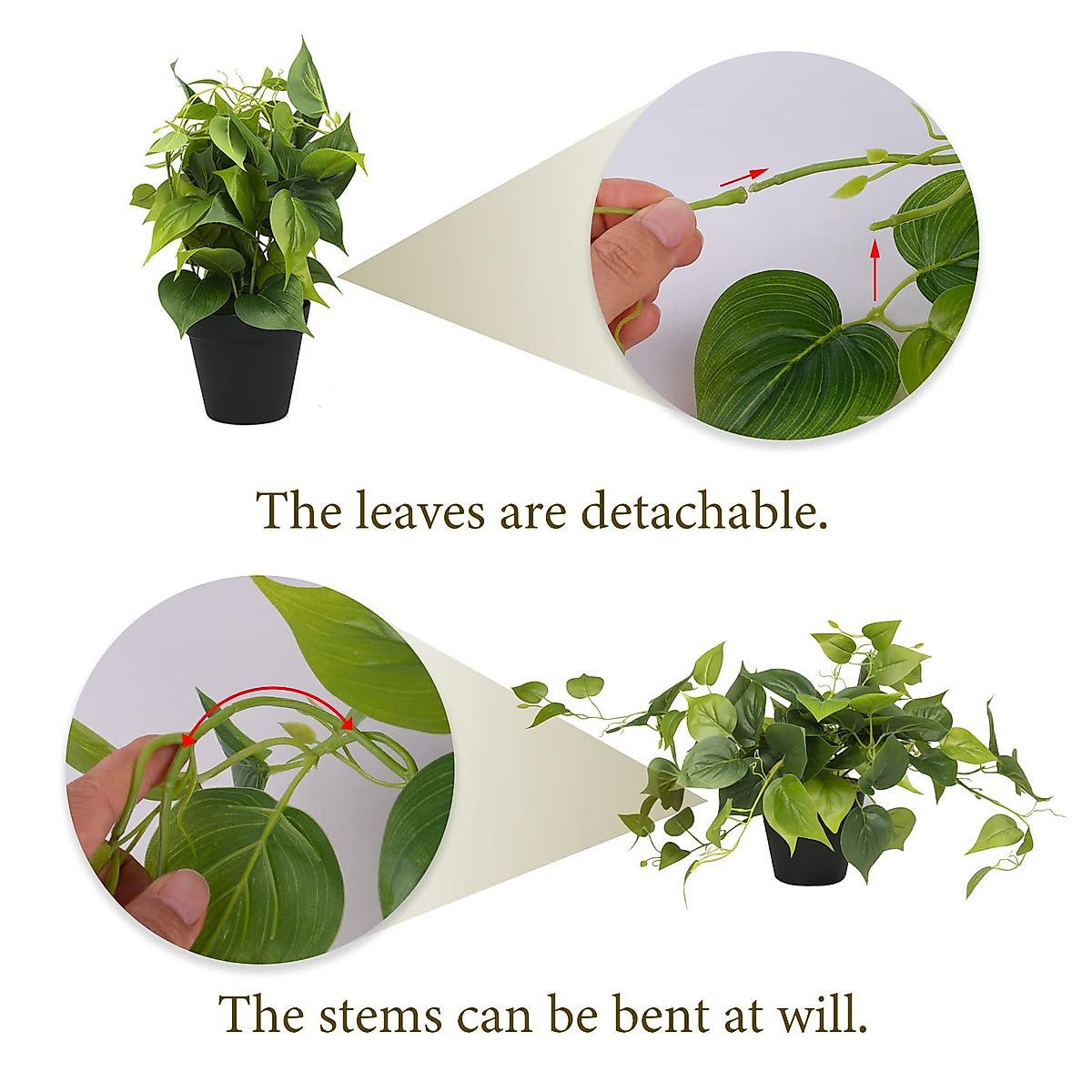 LOYWREE Artificial Plants in Pots, Faux Pothos Indoor Green Realistic Fake Plant for Home Office Garden Decoration - Black Pot