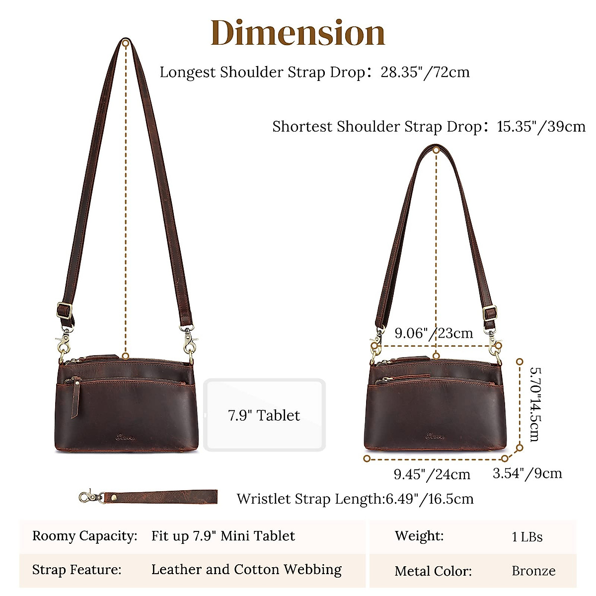 Women Vintage Genuine Leather Tote Bag with Small Leather Purse