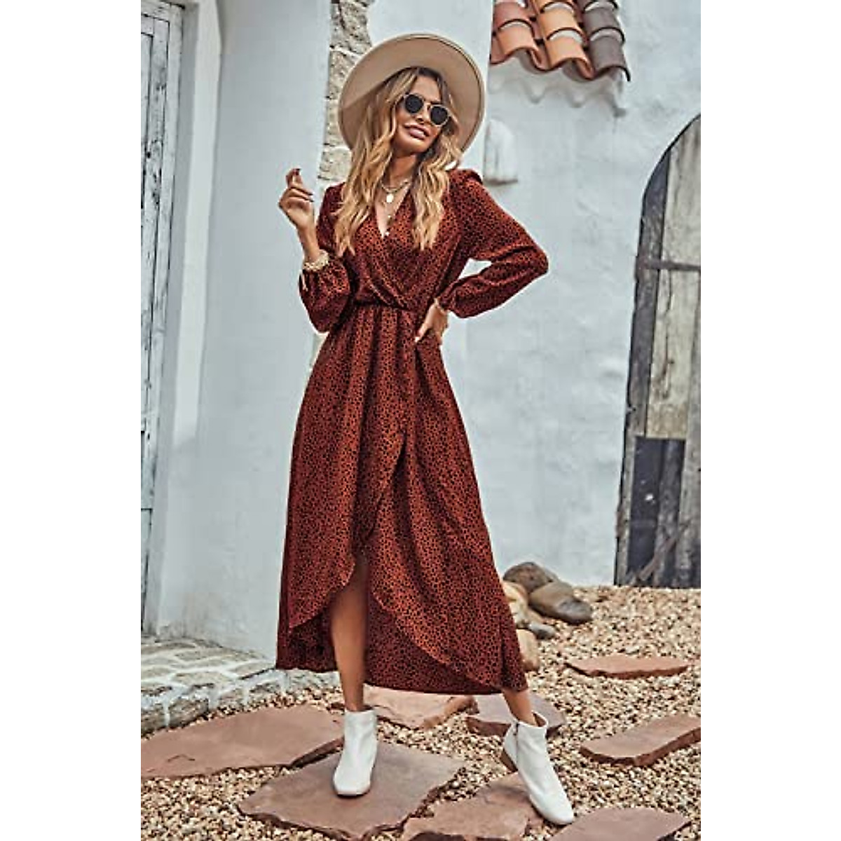 PRETTYGARDEN Women’s Long Sleeve Bohemian Dress V-Neck Floral Print High Split Tie Wrap Midi Flowy Dress (Brown, Large)