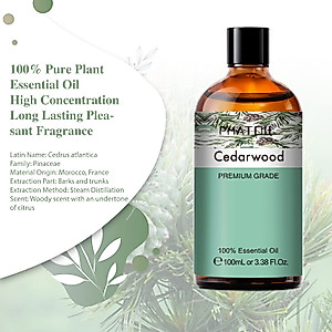 Cedarwood Essential Oil, 3.38Fl.Oz PHATOIL Pure Essential Oil Singles for Aromatherapy Diffusers, Humidifiers, Great for DIY Candle and Soap Making, Gift for Friend