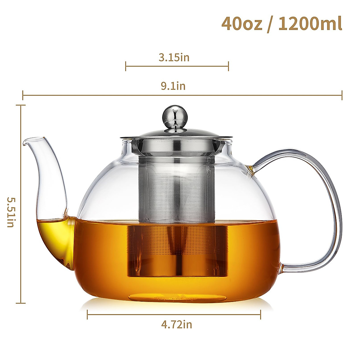 DOPUDO 40OZ (1200ML) Glass Teapot Tea Pot With Infuser, Glass Kettle For Stove Top, Tea Glass Pot, Glass Tea Cup With Infuser And Lid For Loose Leaf Tea Steeper, Microwave Dishwasher Safe