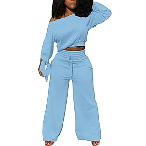 sexycherry Two Piece Sets for Women Sexy Light Blue One Off Shoulder Long Tie Knot Sleeve Wide Leg Long Sweatpants Sweatsuits with Pockets (X-Large)