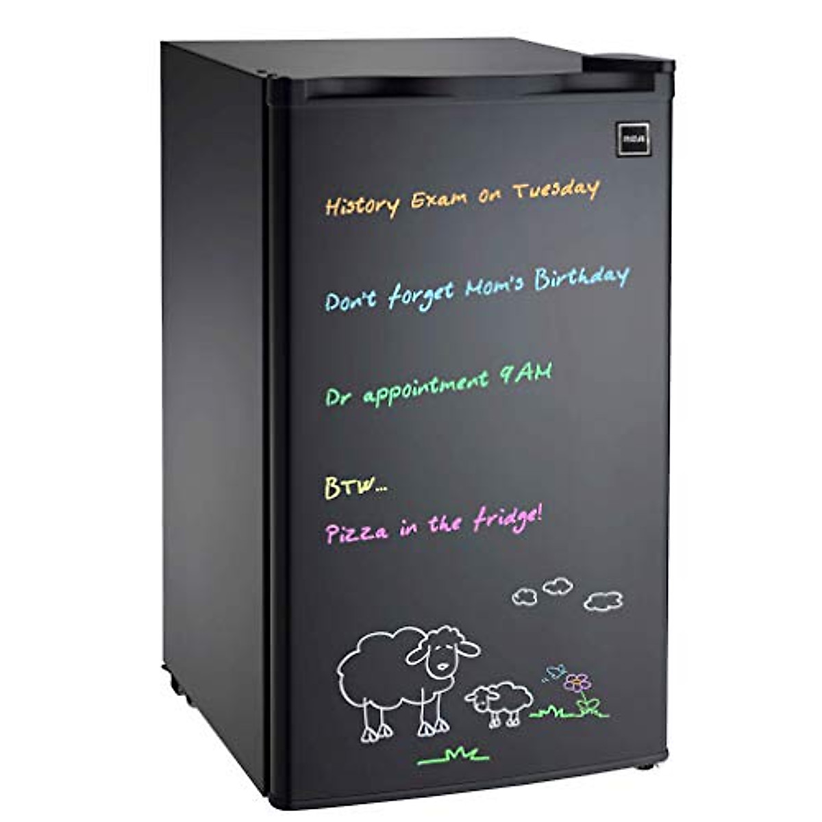 RCA 3.2 cu. ft Fridge, Black Erase Board Refrigerator with Neon Markers