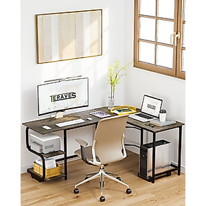 Teraves Reversible L Shaped Desk with Large Surface, 61 Inch Sturdy Corner Desk with Storage Shelves, Premium Office Computer Desk Workstation for Home Office Gaming