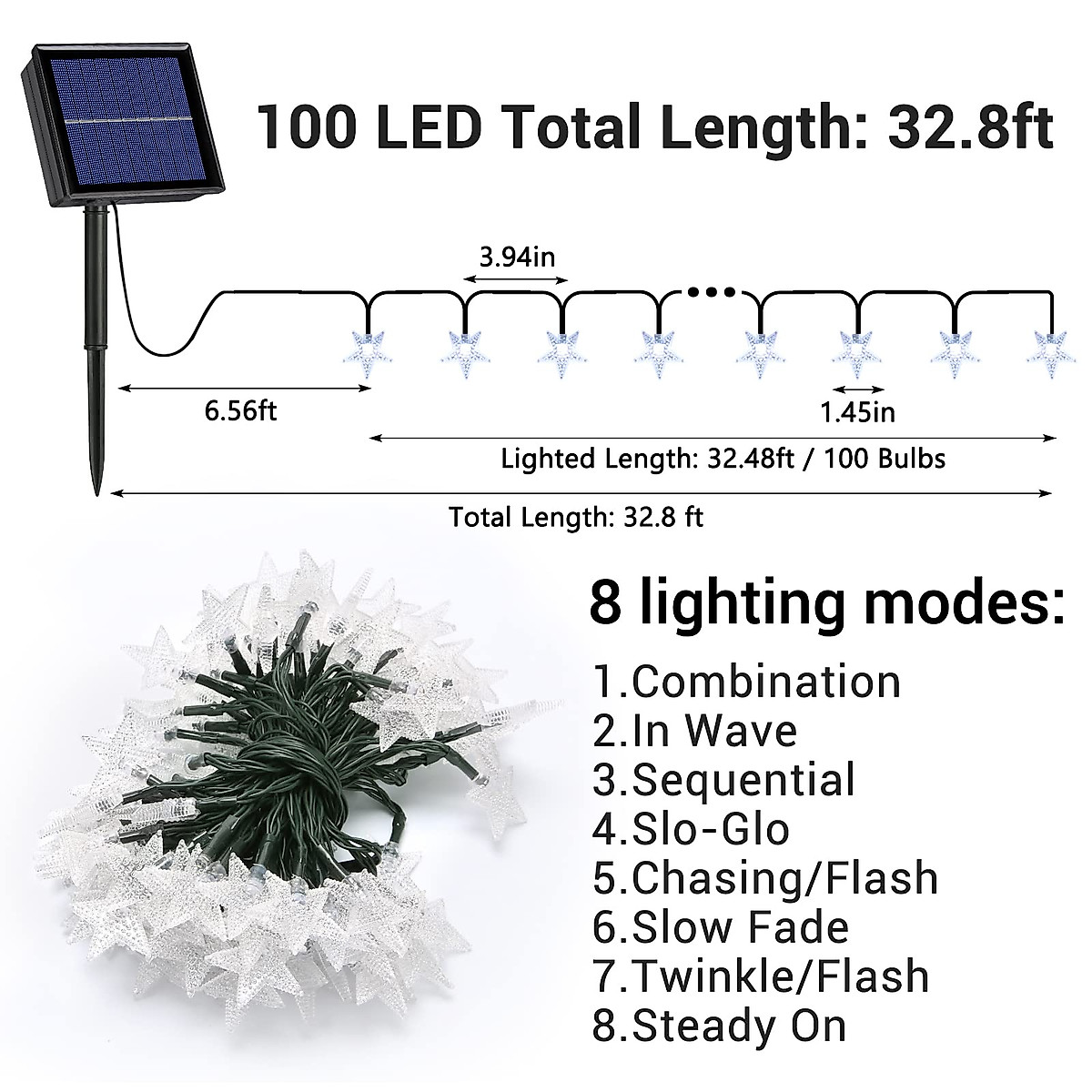 iBaycon Solar Star Lights Outdoor, 32Ft 50LED Star Christmas String Lights, 8 Modes Solar Powered Lights String for House Eaves Roof Christmas Holiday Decorations