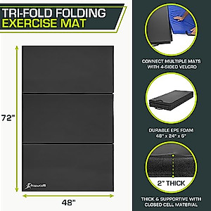 ProSource Tri-Fold Folding Thick Exercise Mat 6’x4’ with Carrying Handles for Tumbling, Martial Arts, Gymnastics, Stretching, Core Workouts, Black