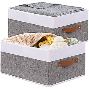 YheenLf Clothing Storage Bins, Closet Bin with Handles, Foldable Storage Baskets, Fabric Containers Storage Boxes for Organizing Shelves (Medium -2 Pack, White/Grey)