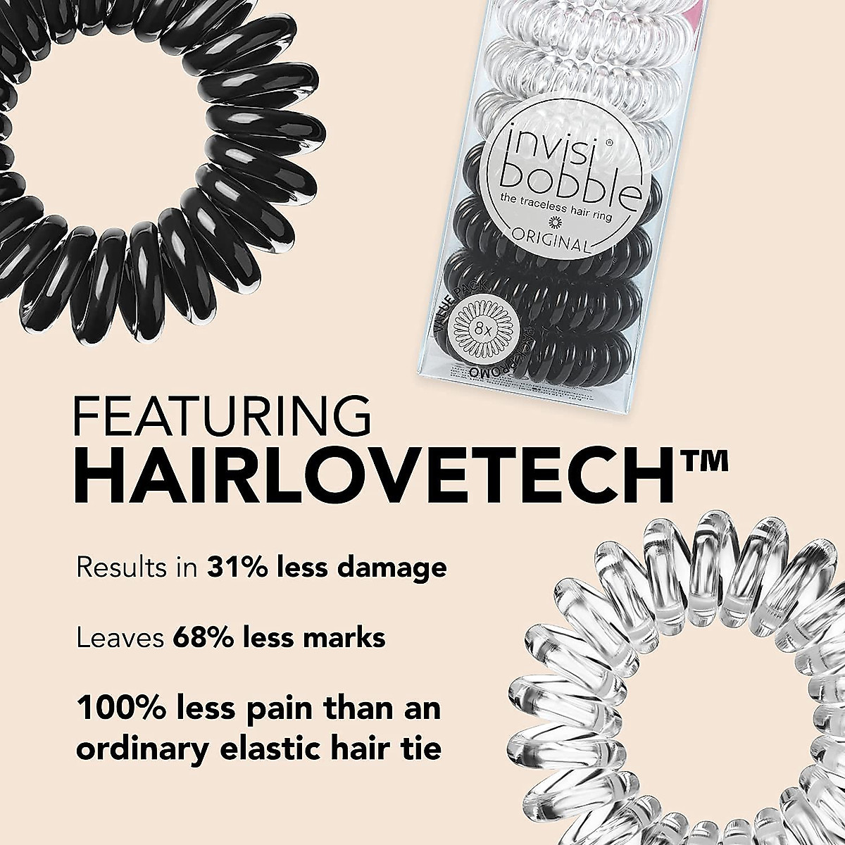 invisibobble Original Traceless Spiral Hair Ties - Pack of 8, Crystal Clear and True Black- Strong Elastic Grip Coil Accessories for Women - Non Soaking - Gentle for Girls Teens and Thick Hair