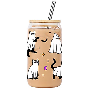 Lovearth Cute Halloween Ghost Cat Iced Coffee Cup, 16oz Halloween Glass Cup with Lid and Straw, Halloween Coffee Tumbler, Boo Basket Stuffers for Women, Men, Teens, Spooky Gifts for Cat Lovers