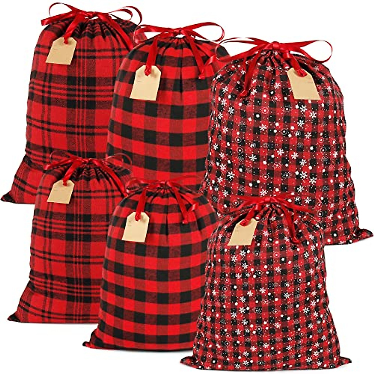 HRX Package Big Fabric Drawstring Gift Bags, 6pcs Reusable Christmas Sacks Red and Black Buffalo Plaid Cloth Pouches for Xmas Presents Party Favor