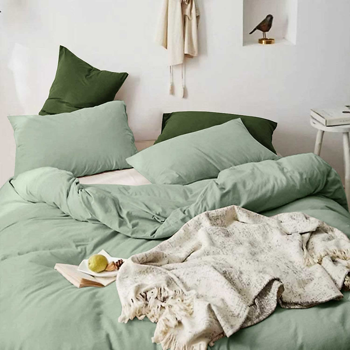 ETDIFFE Sage Green Duvet Cover Queen Size, Soft Farmhouse Bedding Comforter Cover Set 3 Pieces with Zipper Closure, 1 Lightweight Microfiber Duvet Cover 90x90 inches and 2 Pillow Shams for Women Men