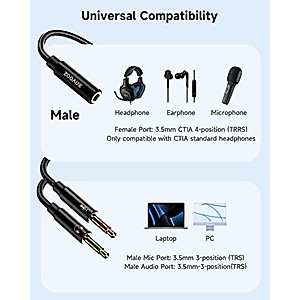 ZOOAUX Headphone Splitter Mic Cable for Computer, 3.5mm Headphone Mic Stereo Y Splitter, Headset 3.5mm Female to 2 Dual Male Microphone Audio Jack Stereo Jack to Gaming Speaker PC Adapter