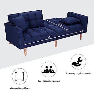 Modern Futon Sofa Bed, 75" Convertible Sleeper Sofa with Armrests and Guests w/ 2 Pillows, Recliner Couch with 5 Solid Wooden Legs, Twin Size Sofa for Living Room (Navy Blue+Fabric)