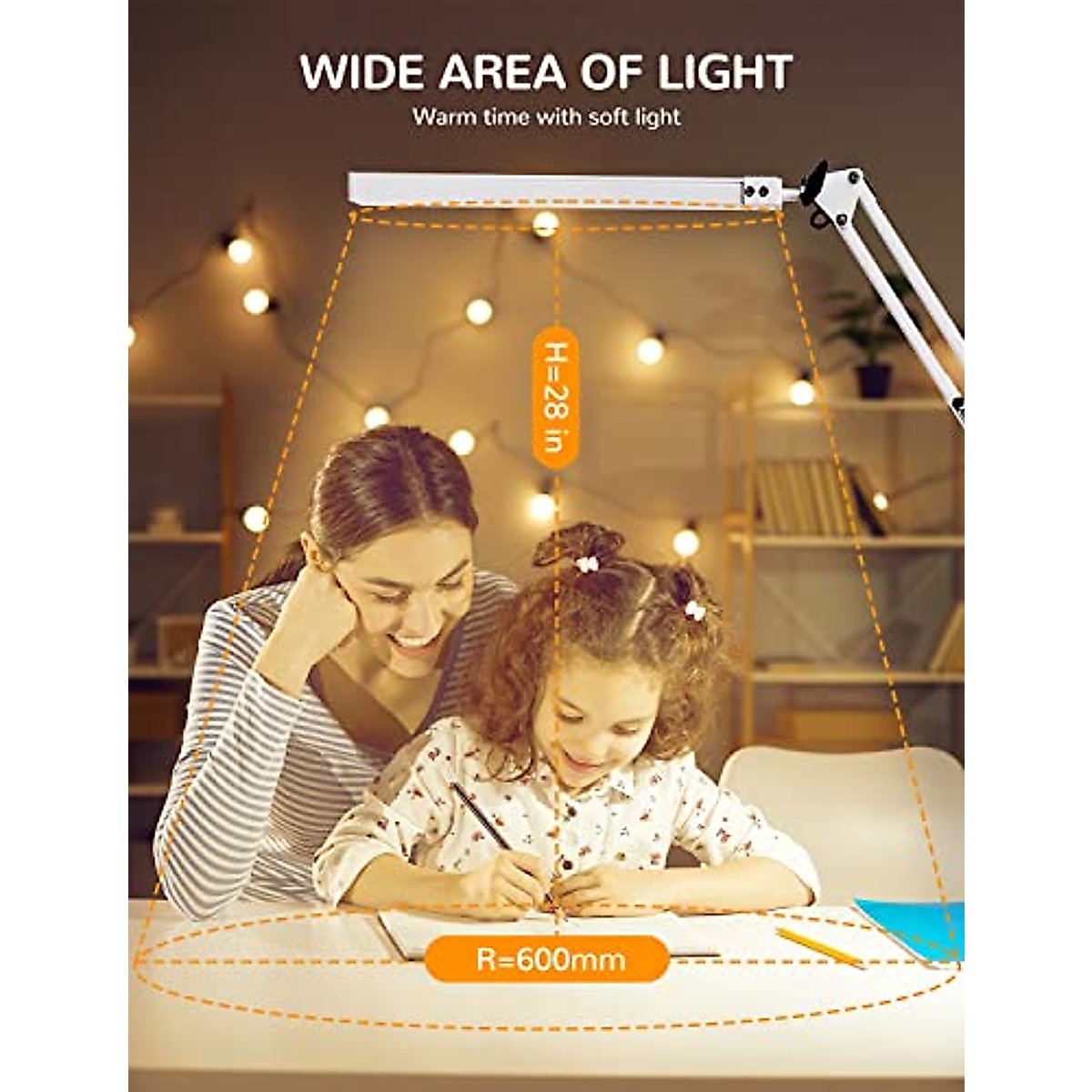 LED Desk Lamp, Adjustable Swing Arm Desk Light with Clamp, 3 Modes &10 Brightness, Study Clamp Light for Architect Kids, Memory Function, Bright Desk Lamps for Home Office Read Room Desktop, White-14W