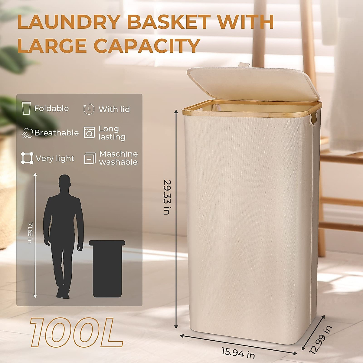 yamagahome Laundry Basket with Lid, 100L Large Laundry Collector Storage Basket with 2 Removable Washable Laundry Bags, Foldable Big Laundry Sorter Made of Bamboo and Oxford Fabric for Bathroom