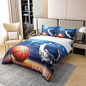 Erosebridal 100% Cotton Boys Basketball Duvet Cover Queen,Basketball Player Bedding Set for Kids,Competitive Sports Game Bed Cover,Modern Basketball Court Bed Sets with 2 Pillowcases