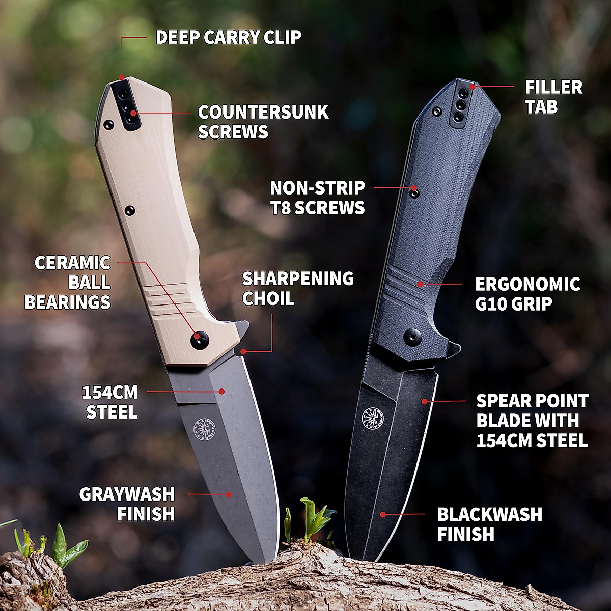 Off-Grid Knives - Stinger XL Folding Knife w. Spear Point Blade, Crucible 154CM Steel, G10 Scales, Deep Carry Clip (Coyote)