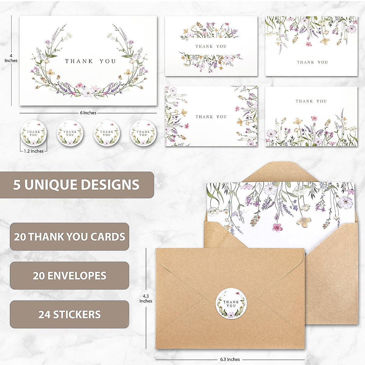 Generic Floral Thank You Cards With Envelopes (bulk 20-4x6) -Wildflower Thank You Notes With Envelopes -Perfect for Birthday, Wedding, Bridal Shower And Baby Shower, white