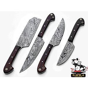 Sapra Hand Forged Custom Made Damascus Steel 4 Pcs Outdoor BBQ Professional Utility knives chef knife set for kitchen with Handmade Leather Roll Bag P-2090-R-KCS