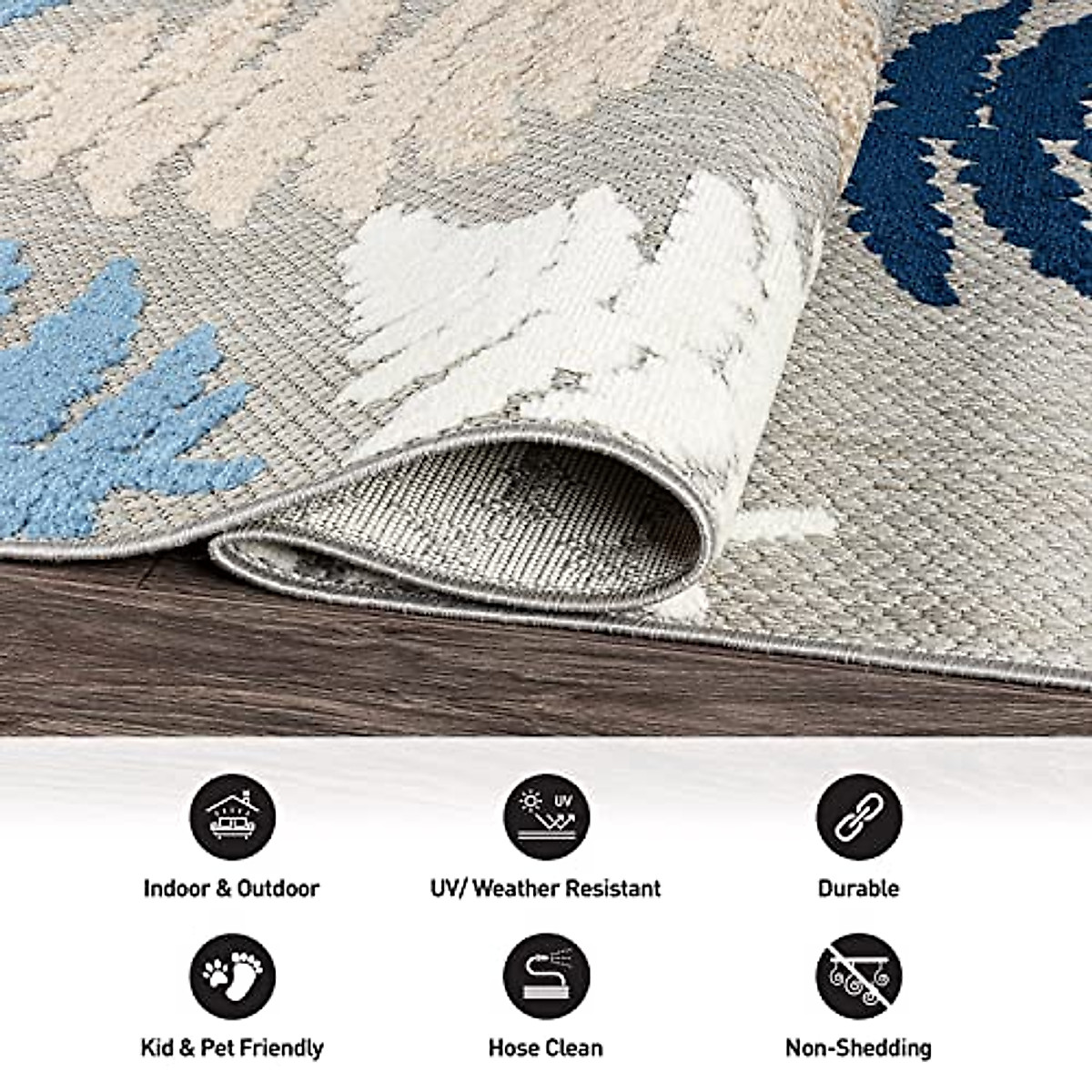 Rugshop Seville Floral Leaves Non-Shedding Patio Deck Backyard Indoor/Outdoor Area Rug 5' x 7' Blue