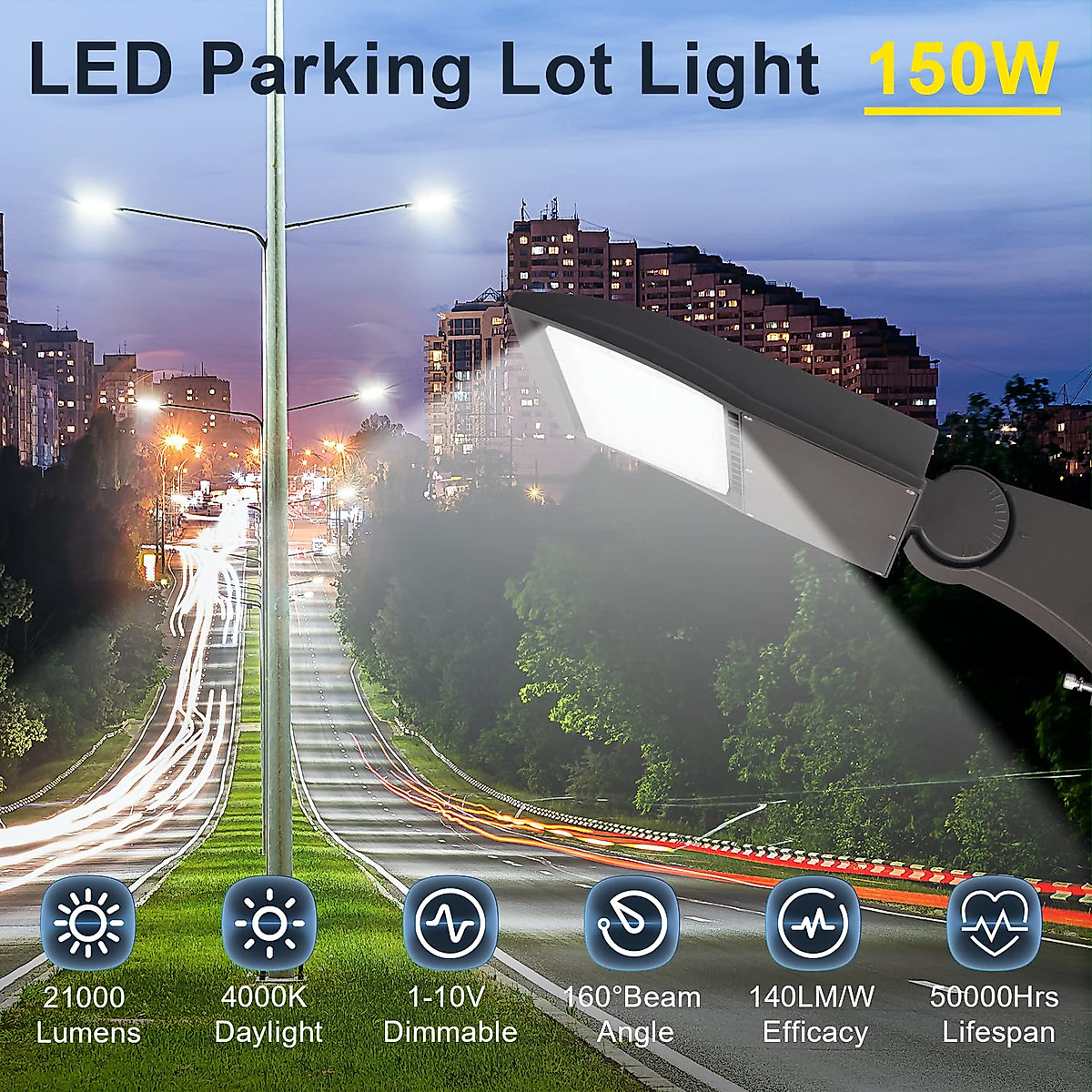 150W LED Parking Lot Light, 21000LM 4000K LED Shoebox Area Light, 0-10V Dimmable Commercial Outdoor Street Light (650W HID/HPS Equivalent), IP65 20KV Surge Protection AC100-277V UL&DLC Listed