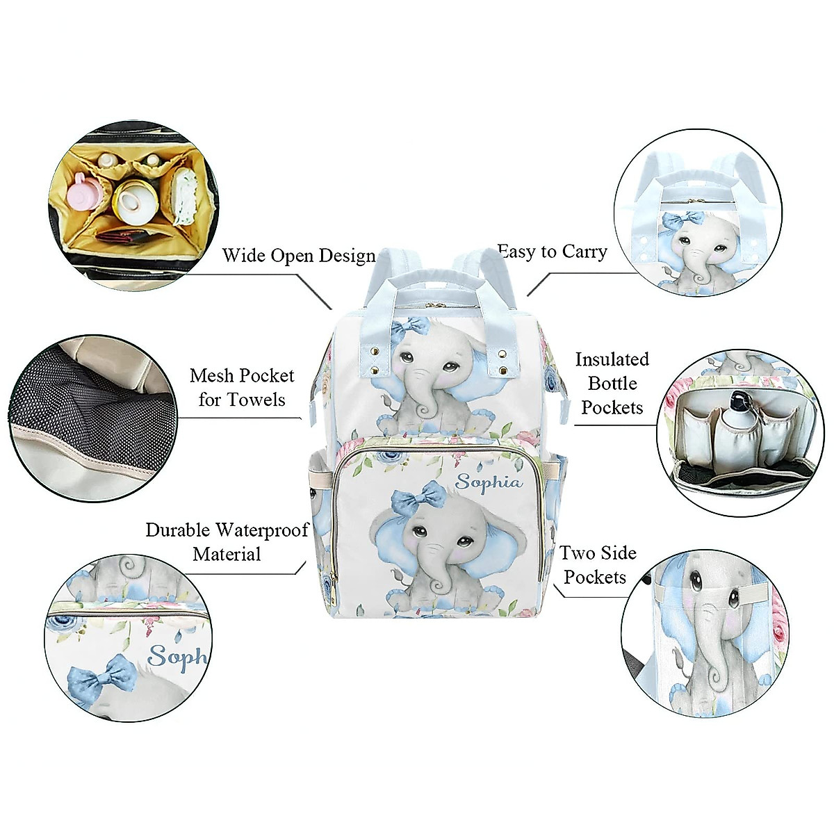 Blue Pink Flowers Roses Elephant Personalized Diaper Backpack with Name,Custom Travel DayPack for Nappy Mommy Nursing Baby Bag One Size