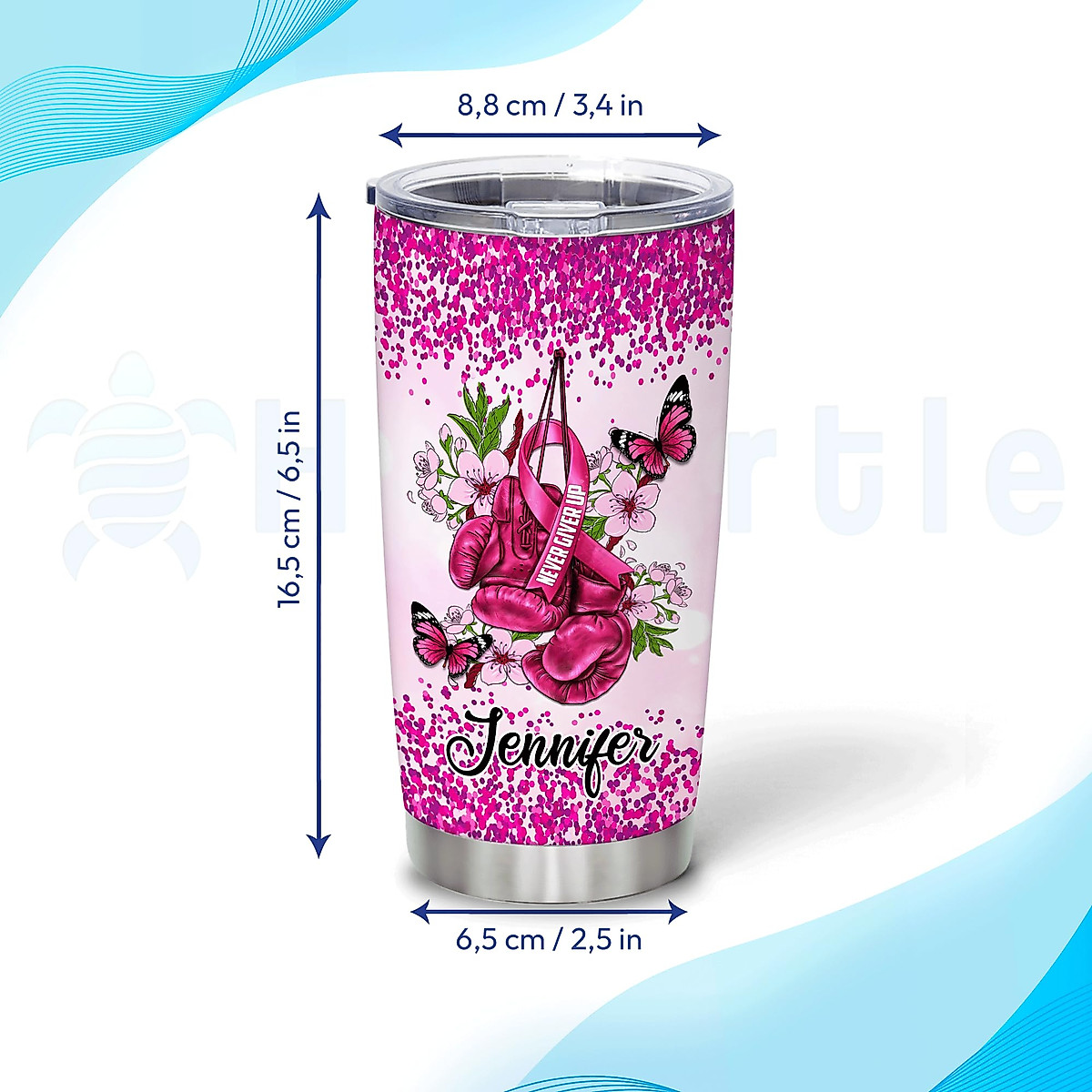 Hyturtle Personalized Breast Cancer Awareness Tumbler Gifts for Women - Birthday Christmas Gifts For Breast Cancer Warriors Survivors - Custom Name 20oz Insulated Stainless Steel Travel Tumbler