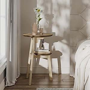 ChooChoo Round End Table Set of 2, Narrow Side Table for Small Spaces, Accent Table Night Stand with 2 Tier Shelf for Bedroom and Living Room, Natural