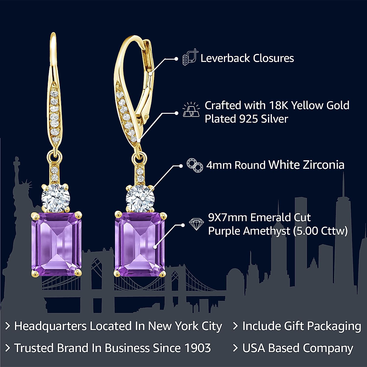 Gem Stone King 18K Yellow Gold Plated Silver Purple Amethyst Dangle Earrings For Women (5.00 Cttw, Gemstone February Birthstone, Emerald Cut 9X7MM)