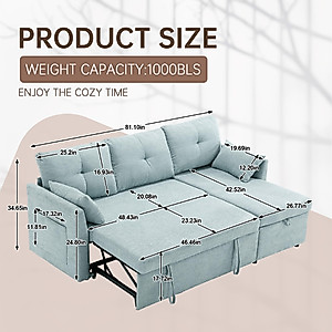 LIFEISLE Modern Sofa Bed,3 Seater Pull Out Sleeper Sofa Couch with Storage Chaise for Living Room,Chenille 81.1" 2 in 1 Sofa Sleeper with 2 Pillows and Side Pocket for Apartment,Lounge,Mint Green
