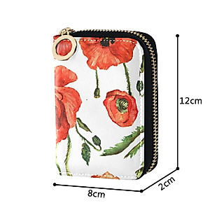 Wildflower Red Poppy Flower Credit Card Coin wallet, RFID Blocking Compact Women Leather Card Holder, Key Change Organizer, Zipper Purse Clutch Pouch Pocket
