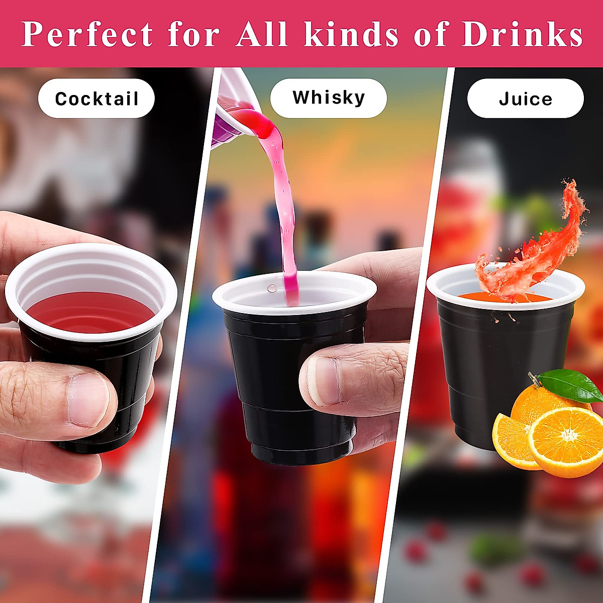 Cynquma 200Pcs 2 oz Black Plastic Shot Glasses, Disposable Mini Party Cups for Drinking, Birthday Parties, Weddings, and Other Occasions