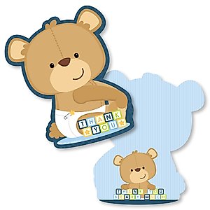 Big Dot of Happiness Baby Boy Teddy Bear - Shaped Thank You Cards - Baby Shower Thank You Note Cards with Envelopes - Set of 12