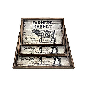 DeliDecor Large Decorative Serving Trays with Handle, Set of 3 Nesting Rustic Wooden Organizer Distressed Farmers Market Farmhouse Decor with Cow Pattern, Coffee Food Platters, Open Daily 17"x12.5"