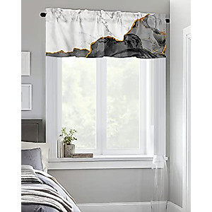 Yun Nist Window Valance Curtain Marble Black Gray White Color Contrast Gold Edge Valances for Kitchen Windows,Modern Abstract Rod Pocket Short Curtains for Bedroom,Bathroom,Living Room 42x12in