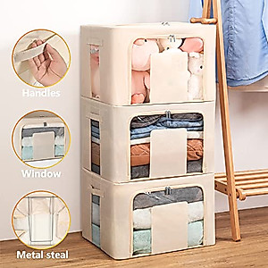 FAikhom 3 Pack Stackable Storage Bins- Foldable Metal Frame Storage Box Oxford Fabric Stackable Clothes Container Organizer with clear Window & Carry Handles (66L, Beige)