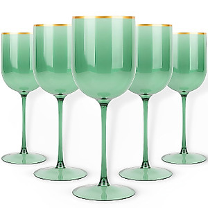 Blue Sky Green Plastic Wine Glasses With Gold Rim - 12oz (5-Pack) Reusable, Disposable Cups for Parties and Events