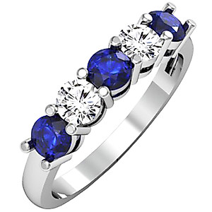 Dazzlingrock Collection Round Blue Sapphire and White Diamond Women Alternate 5 Stone Anniversary Band, 14K White Gold, Size 8.5