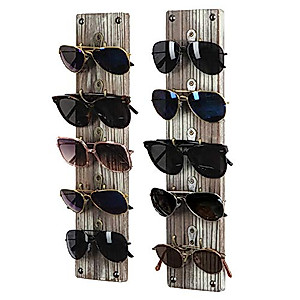 J JACKCUBE DESIGN Rustic Wood Wall Mounted Sunglasses Storage Organizer 10 Eyeglasses Holder Display Rack Set of 2 with 5 Metal Hooks on Each Holder -MK691A