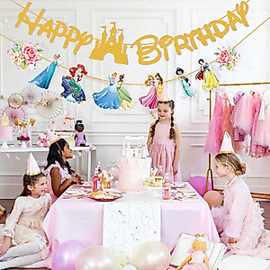 Princess Birthday Banner for Girls, Princess Birthday Party Decoration For Girls Kids Birthday Party Baby Shower Decorations (Gold)