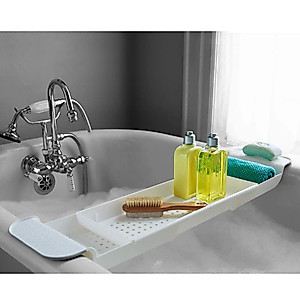 AIKENR Expandable Bath Shelf, Adjustable Bathtub Caddy Tray Storage Rack Multifunctional Bathtub Tub Organizer, Non-Slip Grip, White