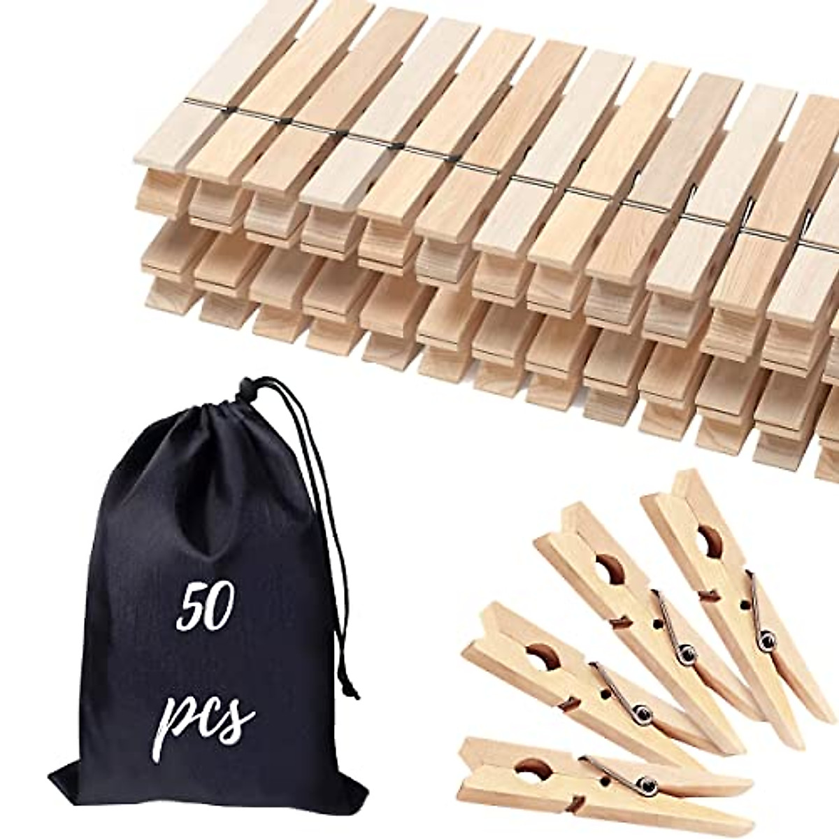 Clothes Pins Wooden Clothespins, 50 PCS 2.9" Natural Birchwood Clothing Pins, Strong Springs Wood Close Pins with Storage Bag, Wooden Clothespins for Laundry, Hanging Clothes, Classroom, Crafts