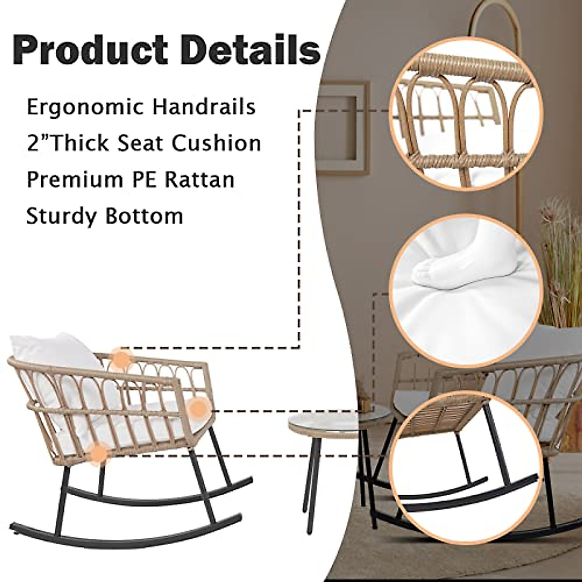 Patio Outdoor Boho Balcony Furniture Rocking Chairs Set,3-Piece Wicker Rattan Small Patio Conversation Rocking Chairs and Glass Table,3 Piece Chat Set with Waterproof Cushions