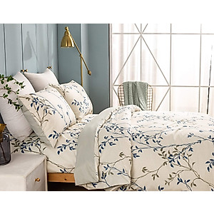 Tache Elegant Leaf Vine Nature Earthy Floral Neutral Cream Beige Tan Blue Breathable Poplin Cotton Zipper Duvet Cover, King