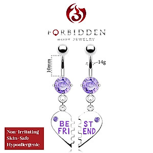 Forbidden Body Jewelry Surgical Steel Set of Best Friend Matching Purple Gem Dangle Heart Belly Button Rings