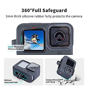SEASKY 6 in 1 Protective Kit Accessories for Gopro Hero 11/10/9 Black Action Camera Silicone Shell Case Housing+3Pcs Glass Screen Protector+Directly Chargeable Side Cover+Lens Cover Cap+Lanyard
