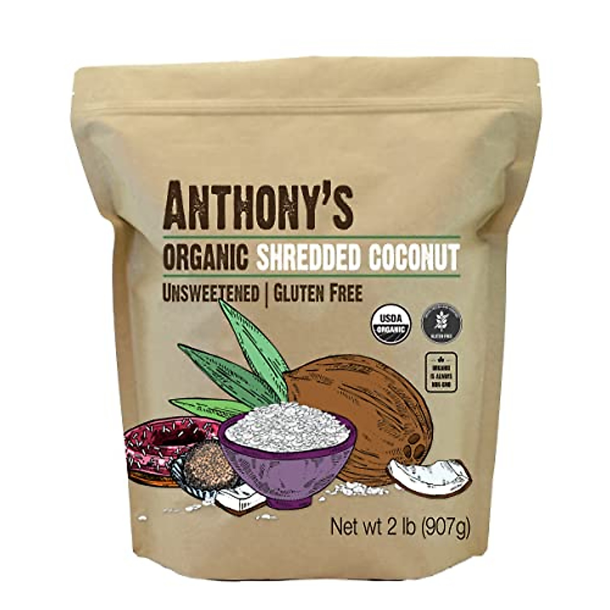 Anthony's Organic Shredded Coconut, 2 lb, Unsweetened, Gluten Free, Non GMO, Vegan, Keto Friendly