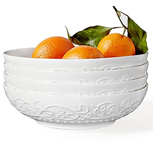 Artena Pasta Bowls 35oz, Ceramic Large Salad Bowls 8 inch, Embossed Soup Bowls Set of 4, White Serving Bowls for Entertaining, Wide Shallow Dinner Bowls for Spaghetti, Microwave Dishwasher Oven Safe