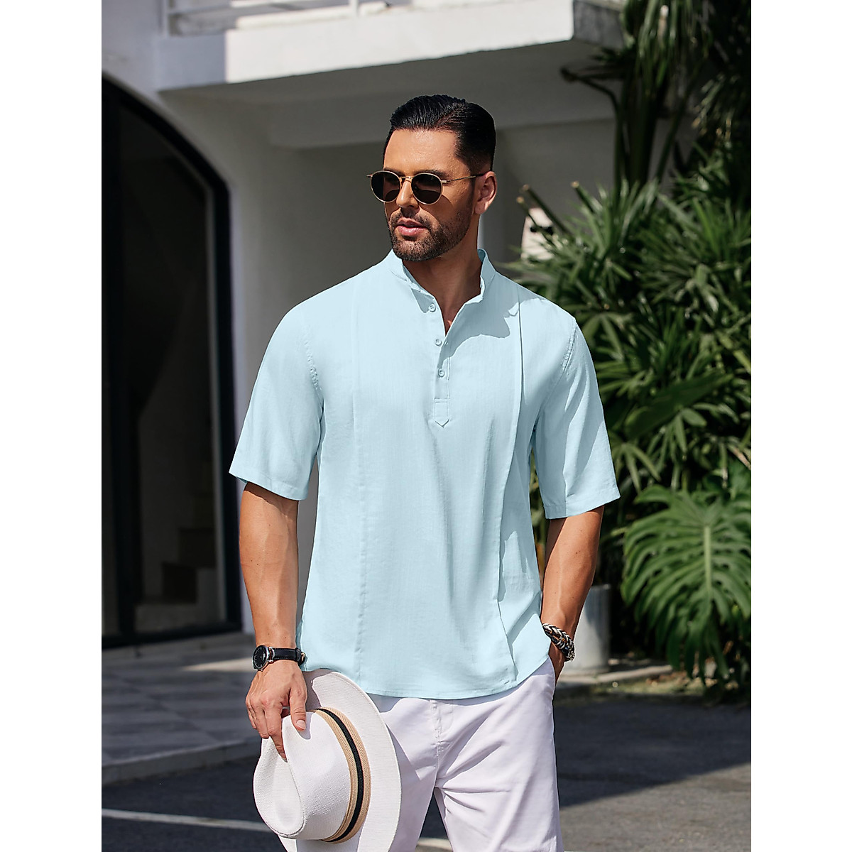 COOFANDY Men's Casual Beach T-Shirts Short Sleeve Henley Pullover Linen Button Down Shirts Fashion Summer Tops Clothing Blue
