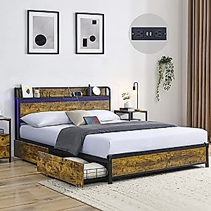 Alohappy Queen Bed Frame with 4 Storage Drawers, Storage Headboard with Charging Station and LED Lights, Metal Platform Bed Frame Queen Size, Heavy Duty No Box Spring Needed, Vintage Brown